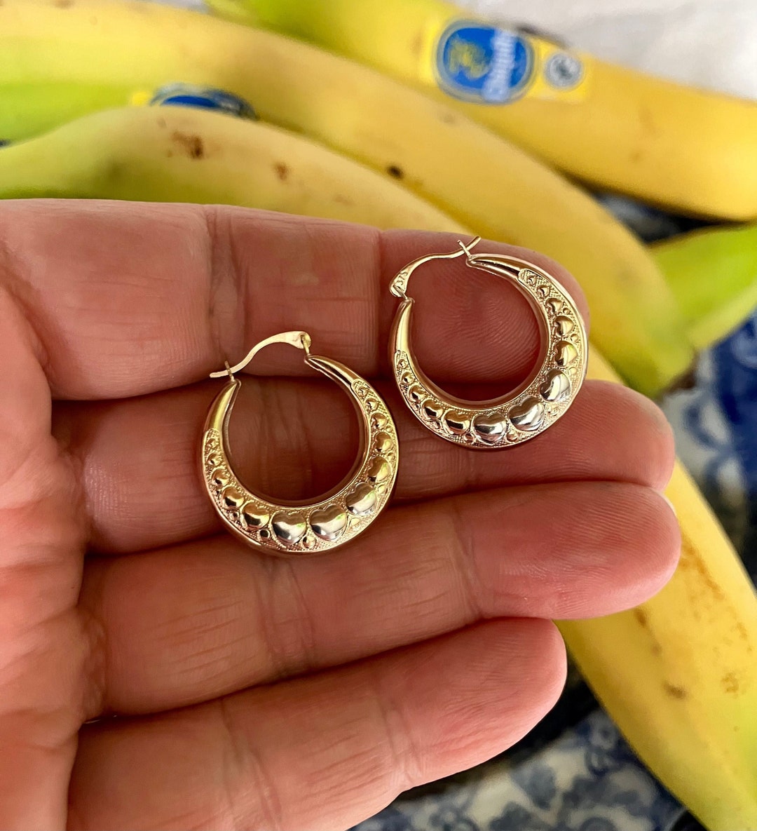 Vintage 9ct Gold Hoops.ladies Puffy Heart Gold Hoops.chunky Gold Hoops ...