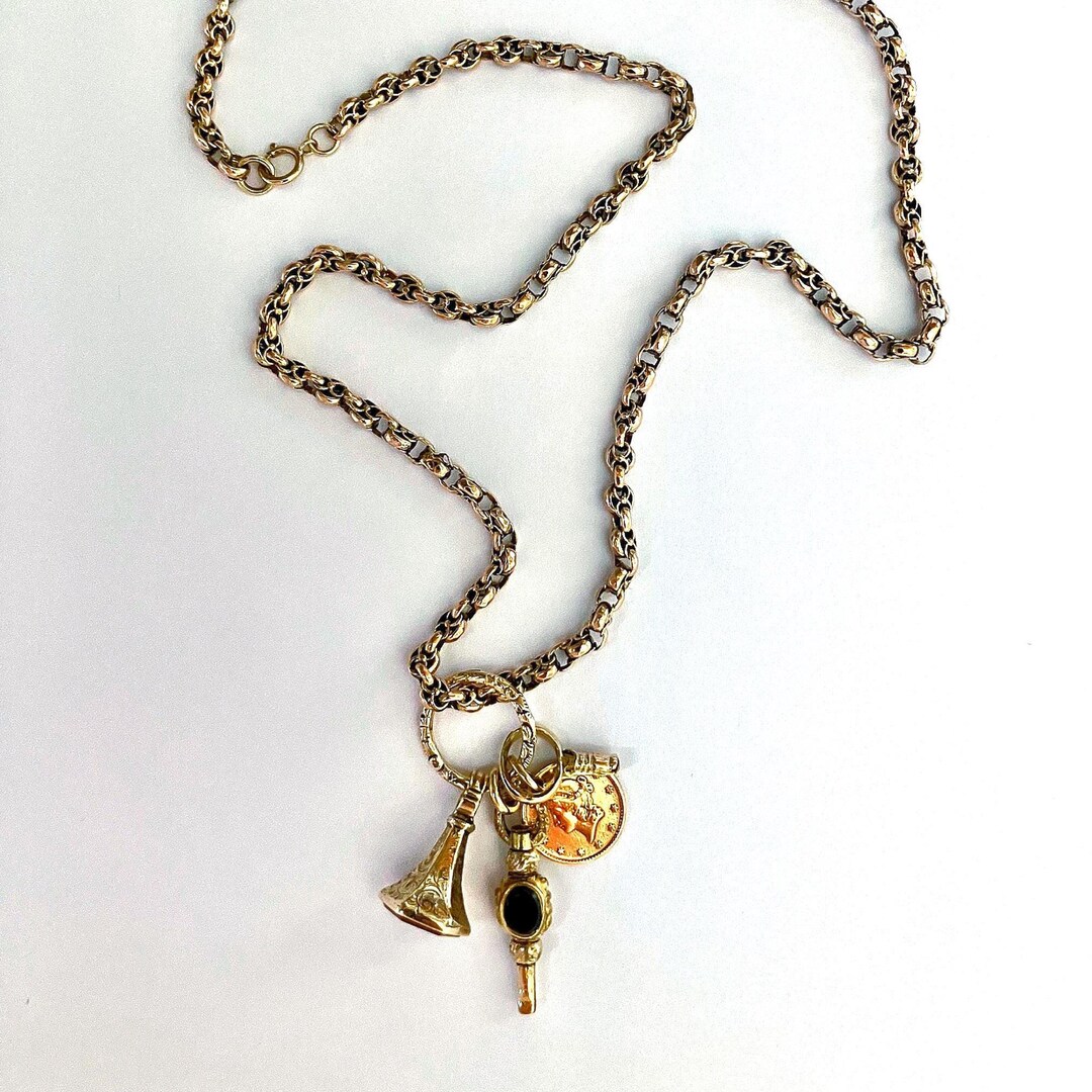 Antique Gold Charm Necklace.old 9k Gold Fob Chain.victorian Watch Chain ...