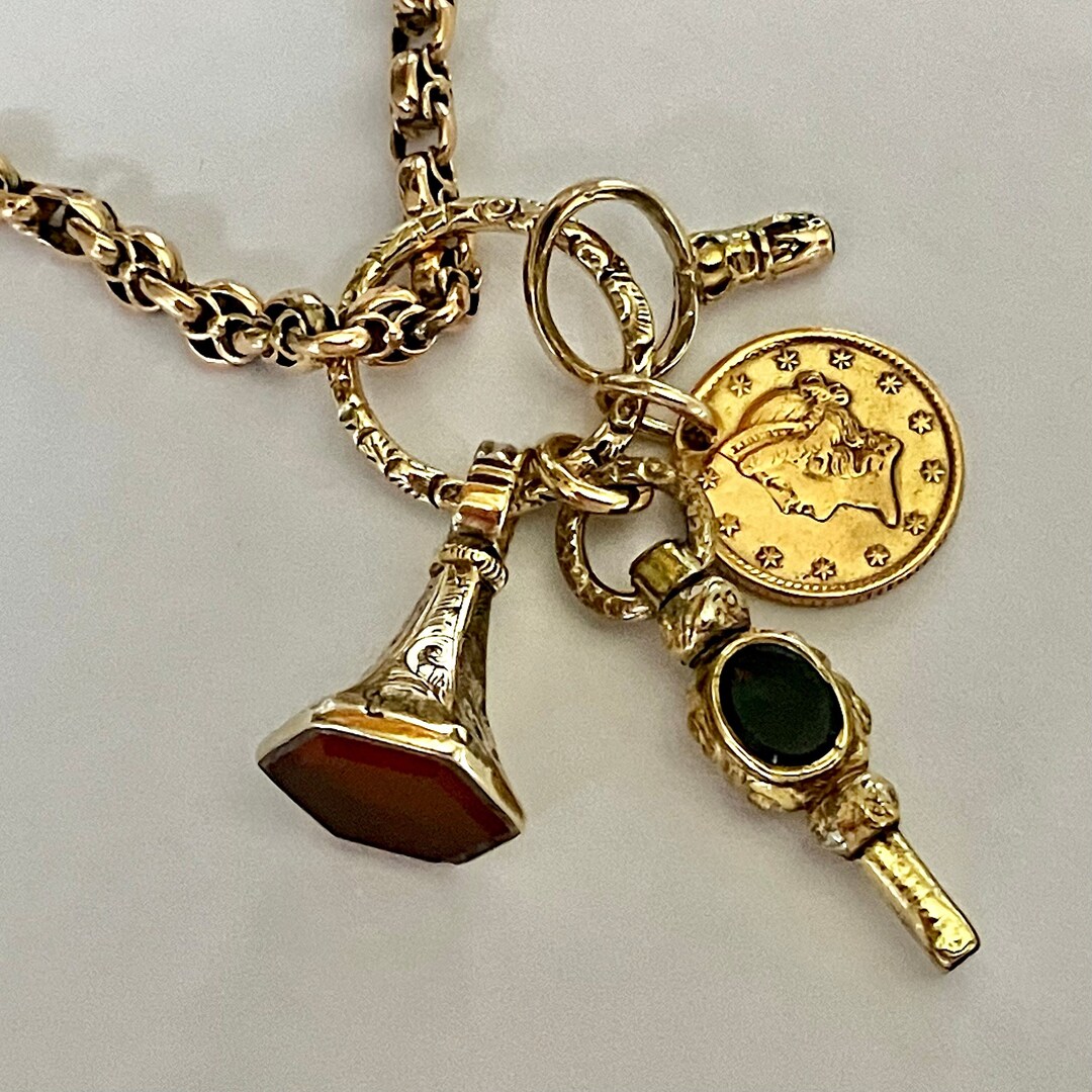 Antique Gold Charm Necklace.old 9k Gold Fob Chain.antique Necklace ...