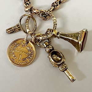 Antique Gold Charm Necklace.old 9k Gold Fob Chain.victorian Watch Chain ...