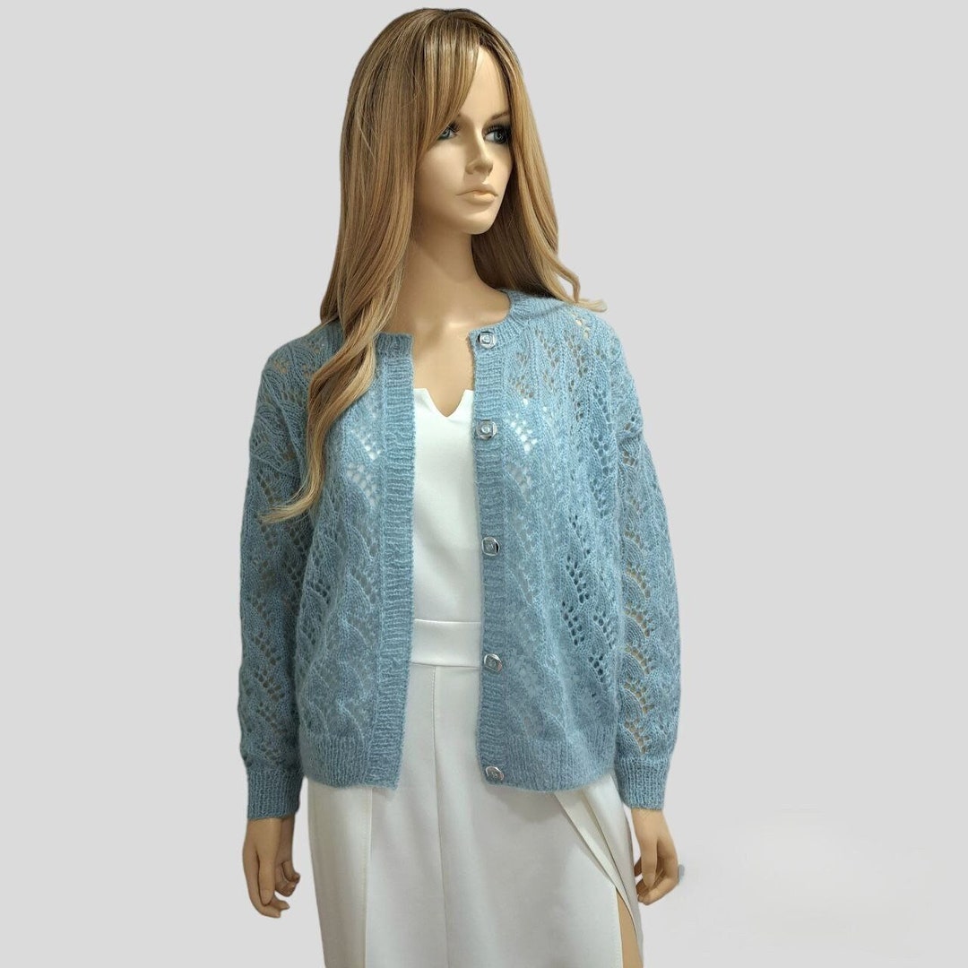 Blue Mohair Cardigan Handknit Women Cardigan Button Down Cardigan ...