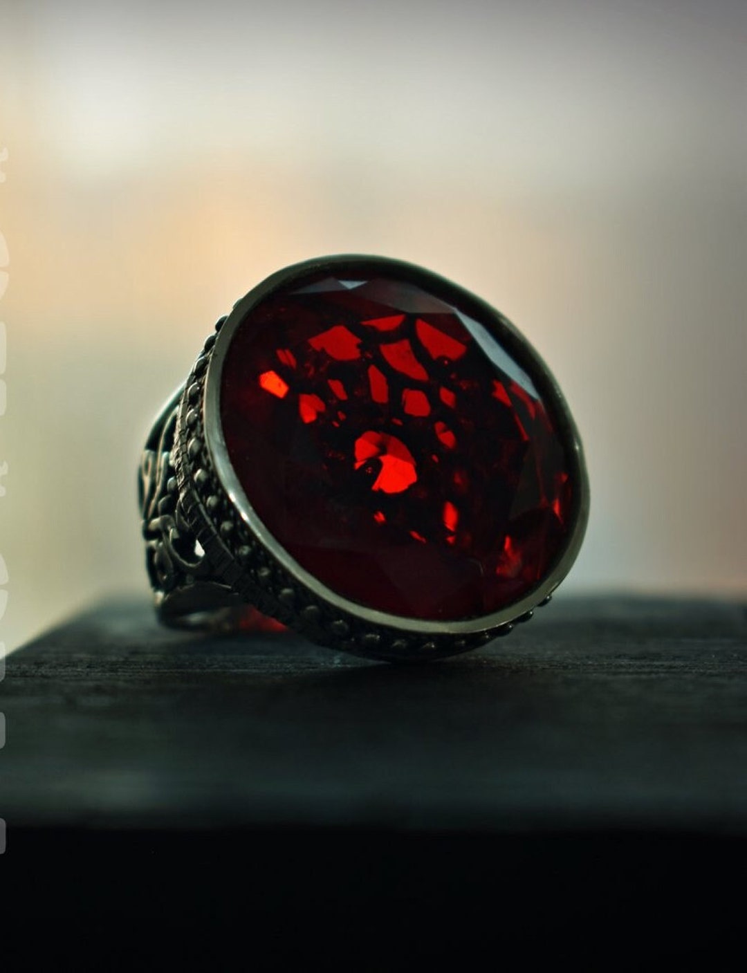 Large Round Facete Red Ring, Silver Vintage Statement Big Ring - Etsy