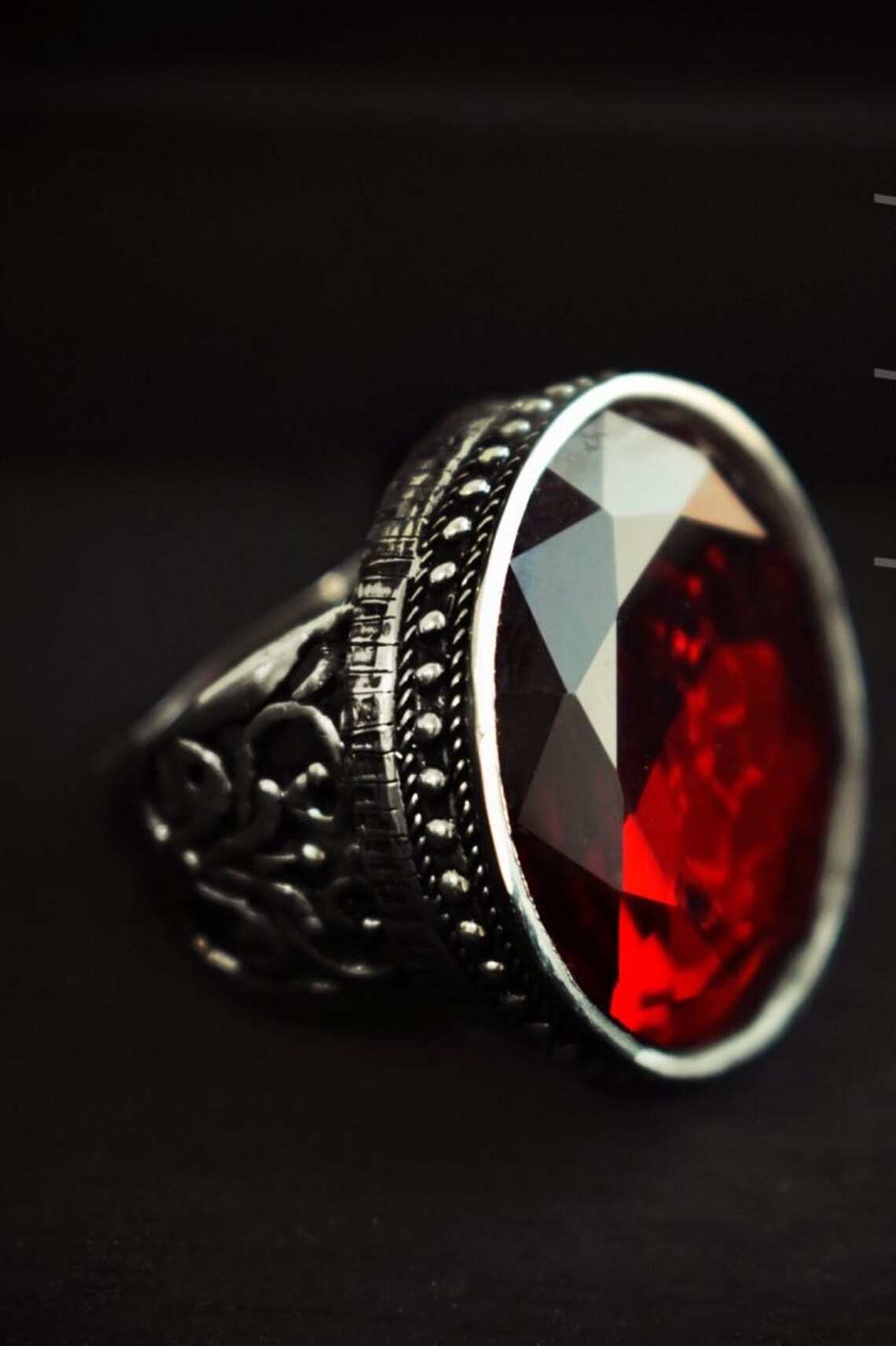 Large Round Facete Red Ring Silver Vintage Statement Big Ring - Etsy