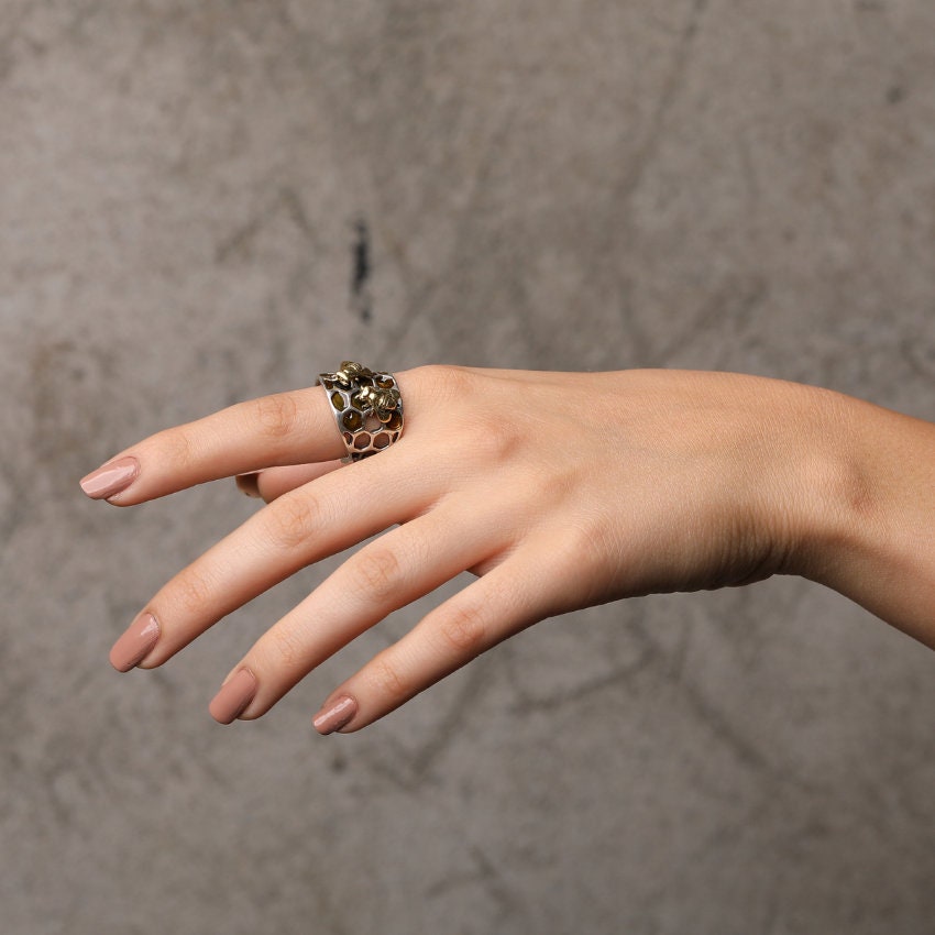 Beehive Silver Ring Honey Bee Ring Honeycomb Bee Ring Bee - Etsy