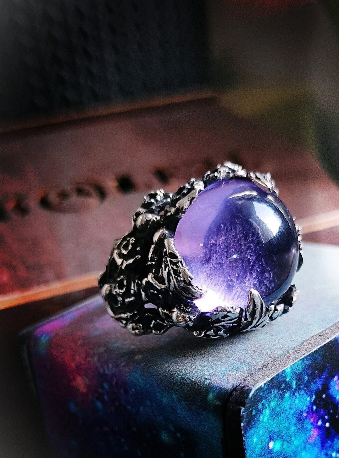 Large Quartz Sterling Silver Ring, Vintage Flower Band Quartz Gem Ring ...