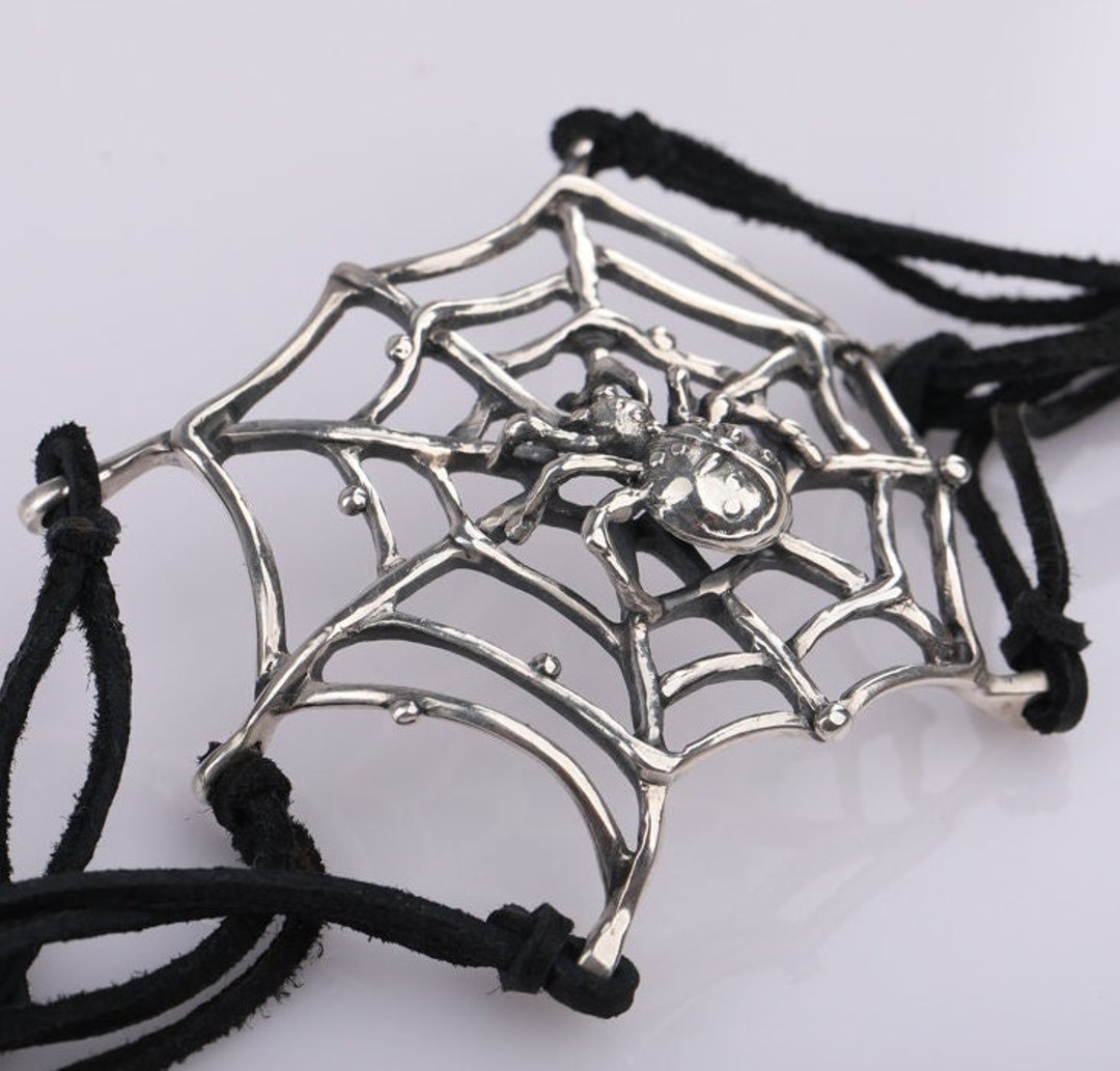 Huge Spider Web Bracelet, Silver Leather Spider Bracelet, Art Deco ...