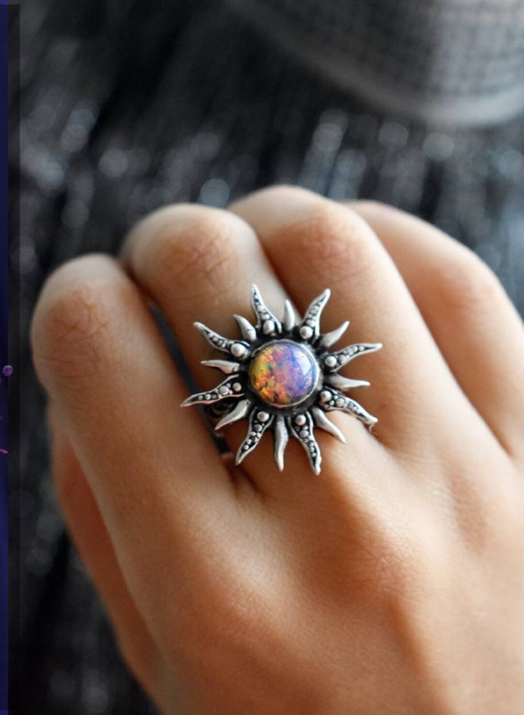 Rising Sun Ring With Gemstone in the Middle, Sterling Silver Oxidized ...