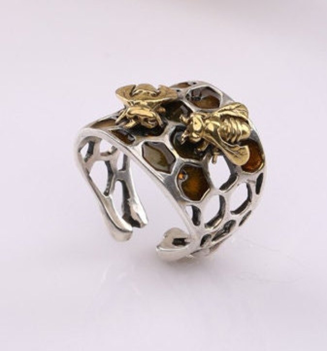 Beehive Silver Ring, Honey Bee Ring, Honeycomb Bee Ring, Bee Open ...