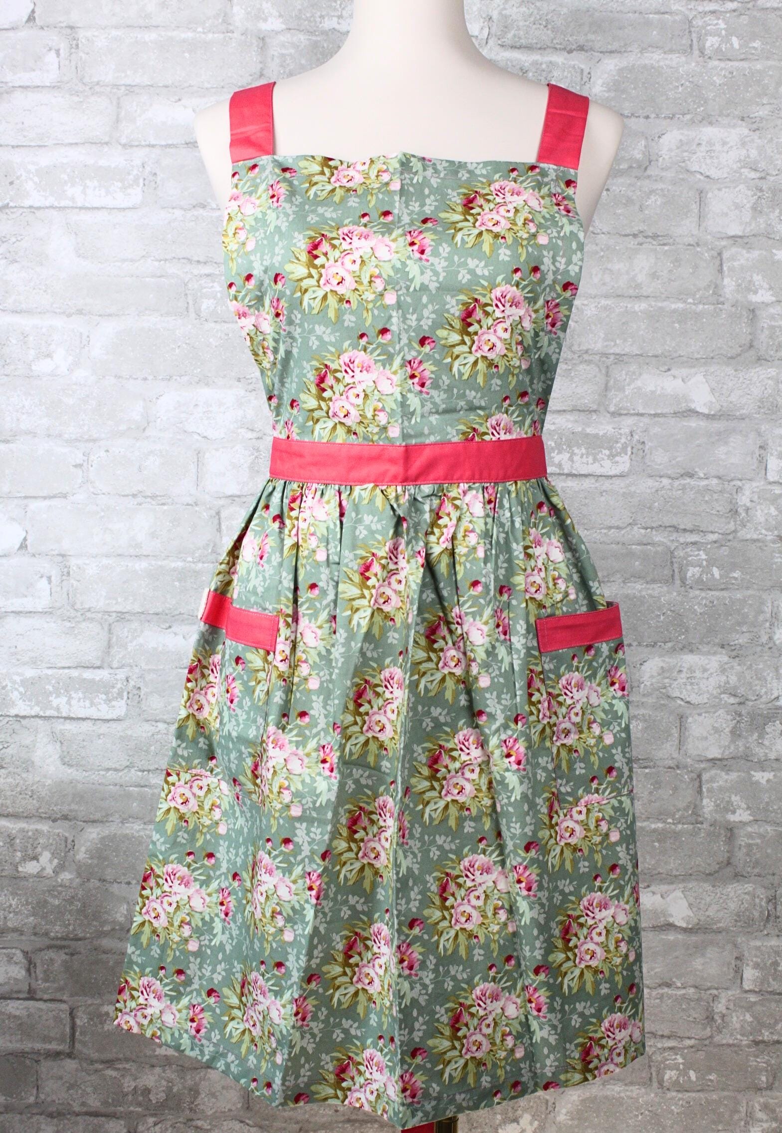 Vintage Floral Apron With Pockets | Full Chef Rose Apron for Woman ...