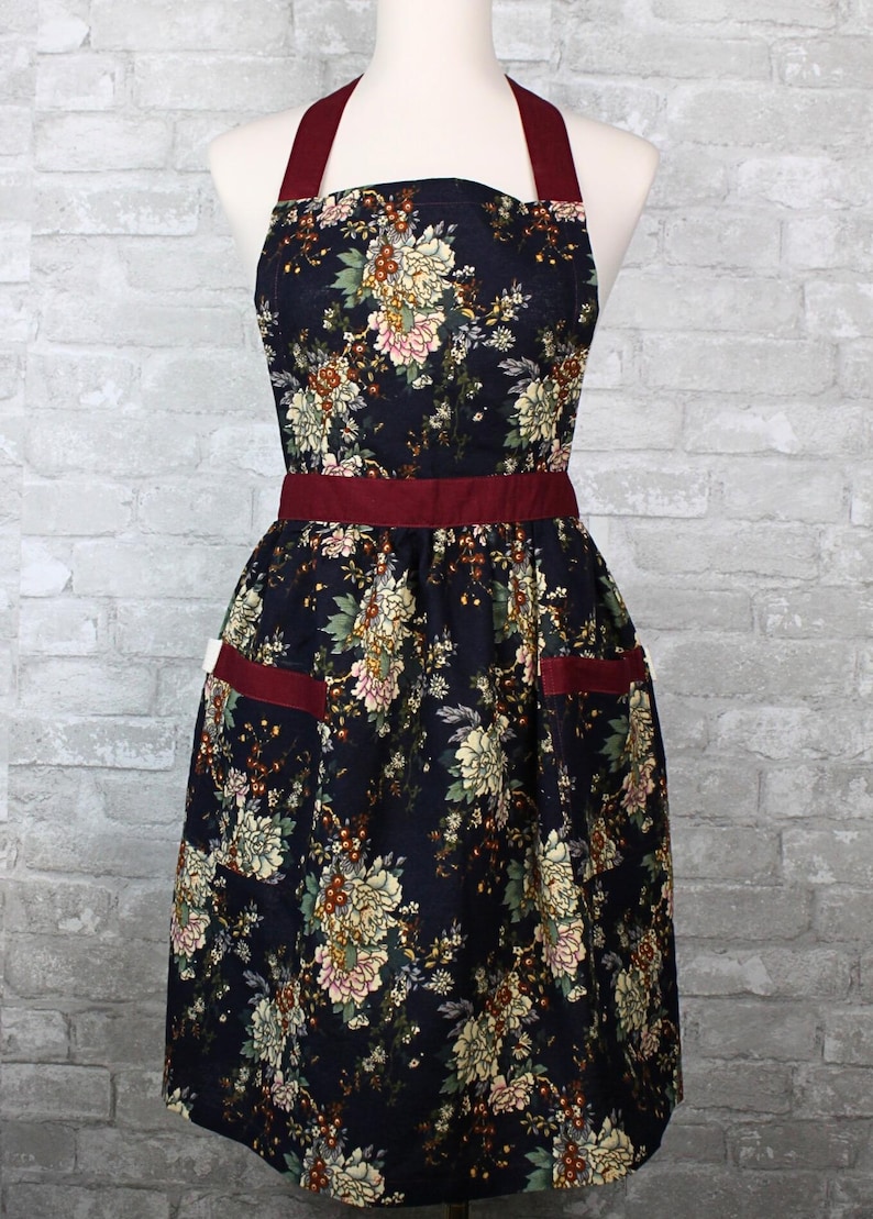 Vintage Floral Apron With Pockets | Full Chef Rose Apron for Woman ...