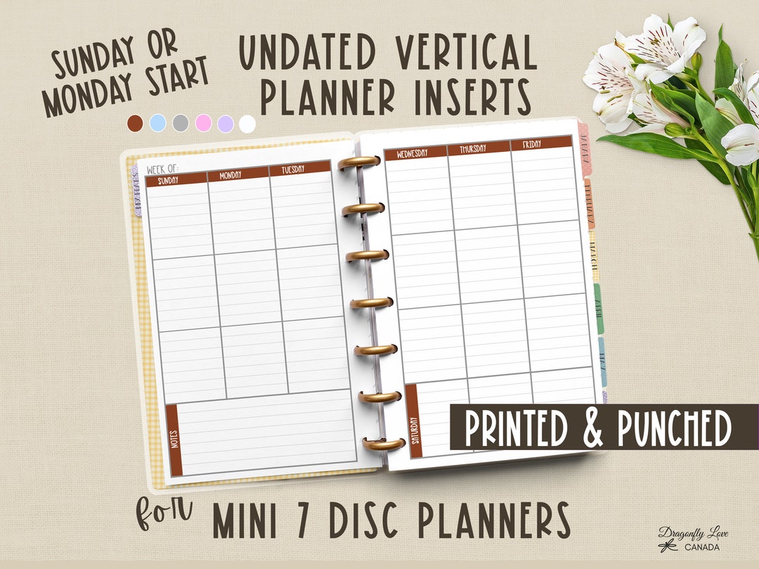 Undated Vertical Planner Refills for Mini 7 Disc Planners Sunday or ...