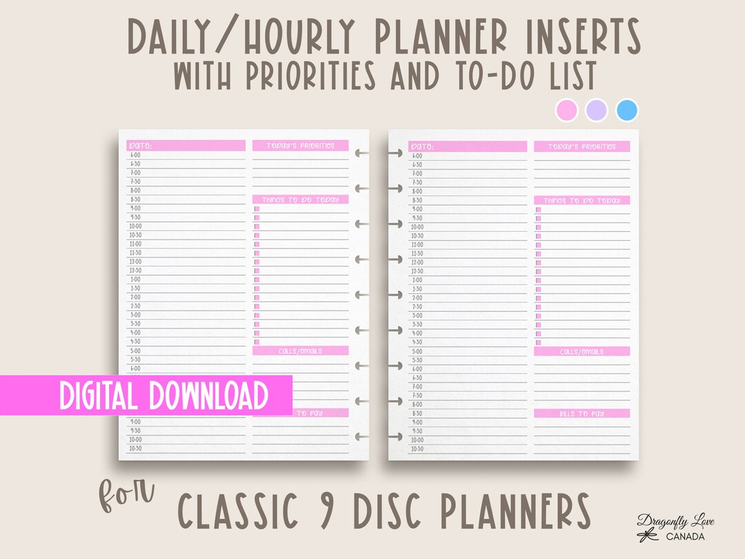 Daily Hourly Planner Inserts for Classic 9 Disc Planners - 6 A.m. to 10 ...