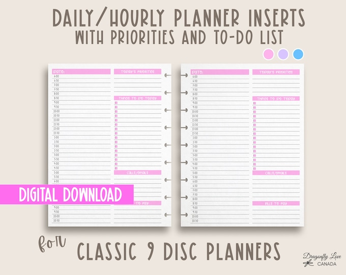 Daily Hourly Planner Inserts for Classic 9 Disc Planners 6 A.m. to 10: ...