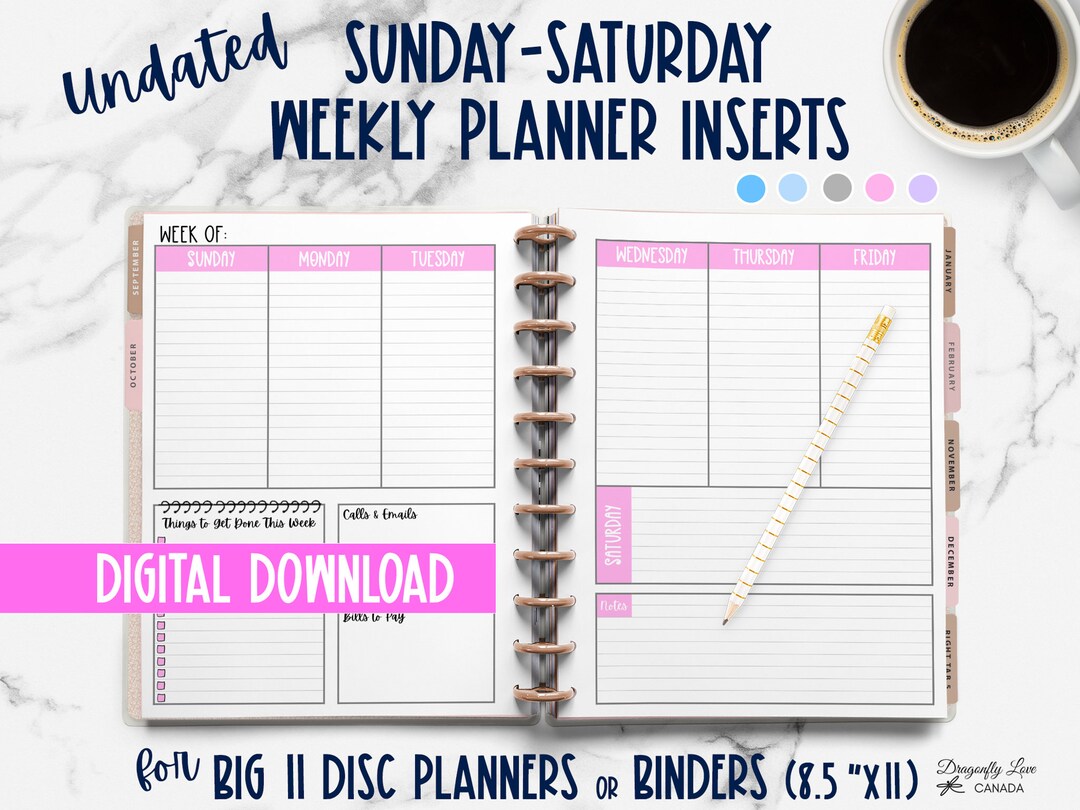 Sunday to Saturday Weekly Planner Inserts for Big 11 Disc Planners or ...