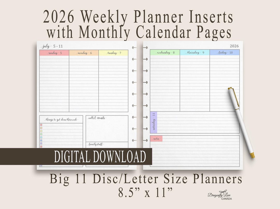 2026 Rainbow Planner Refills | Monthly Calendars and Weekly Inserts ...