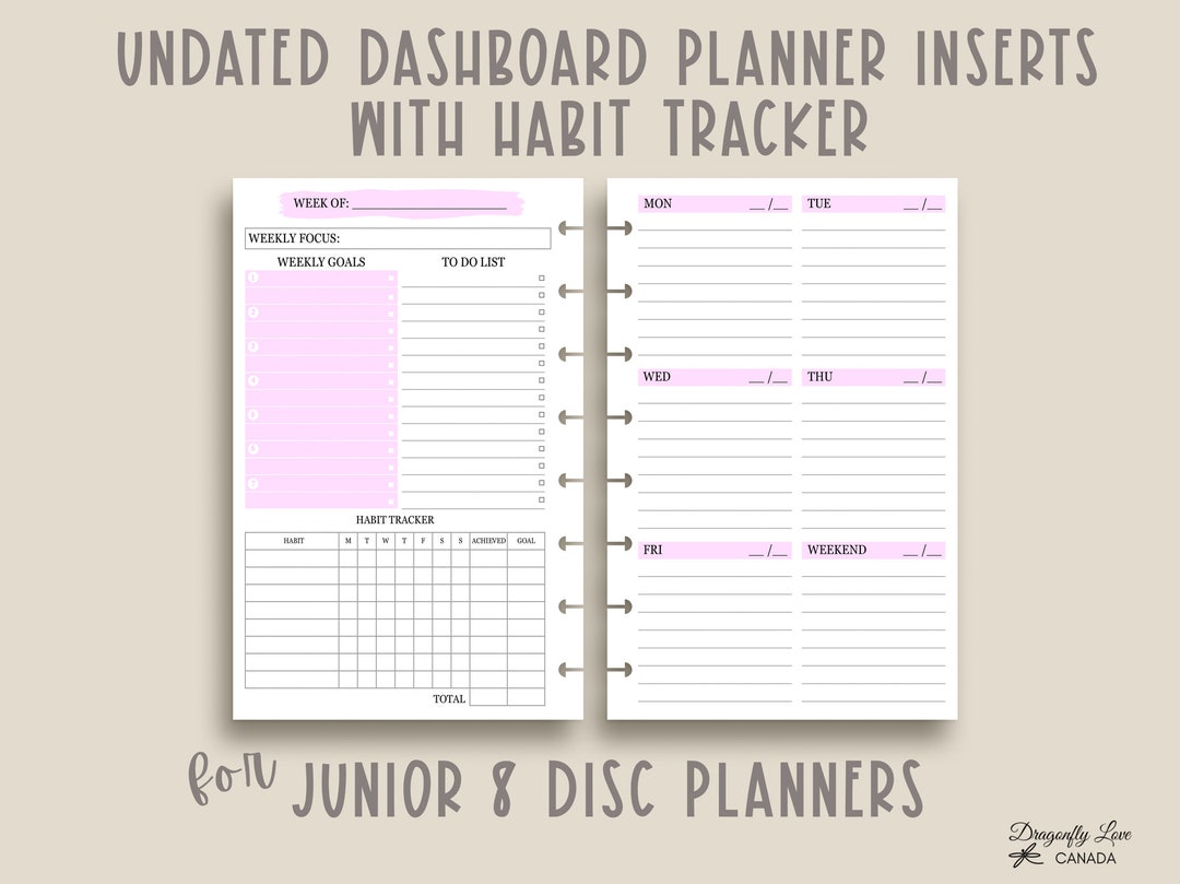 Undated Dashboard Refills for Junior 8 Disc Planners - Dashboard Layout Inserts With Habit ...