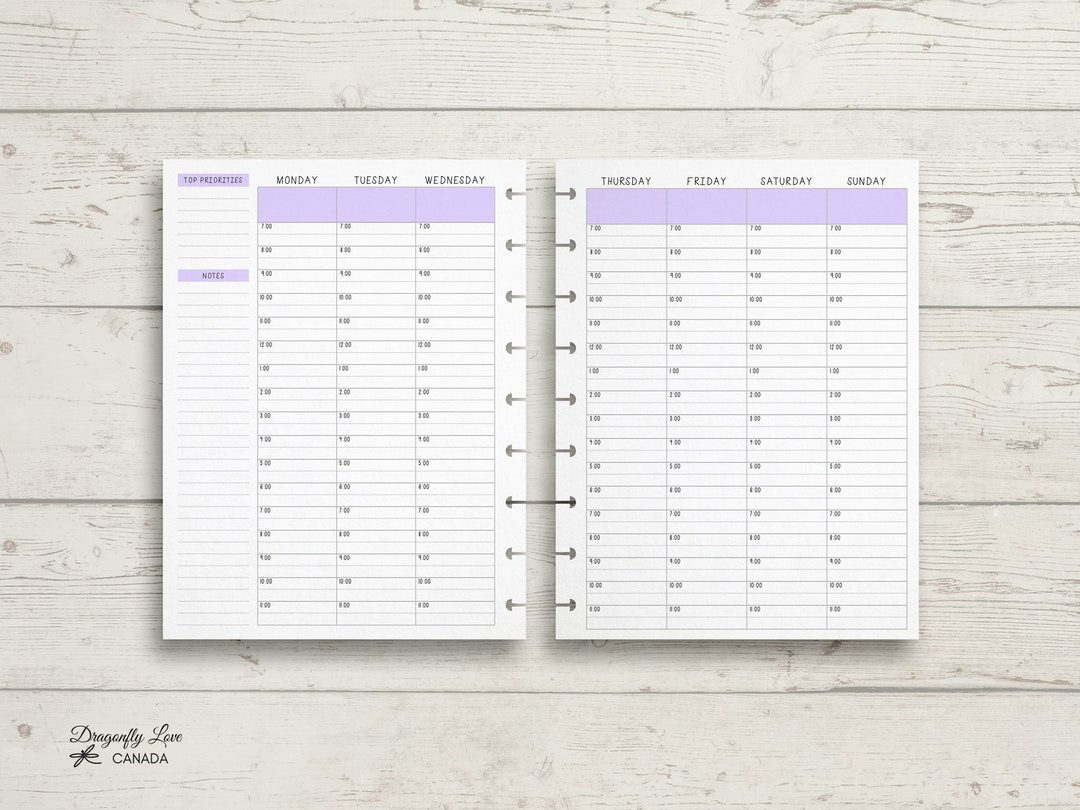Undated Hourly Planner Inserts for Classic 9 Disc Planners Monday to ...