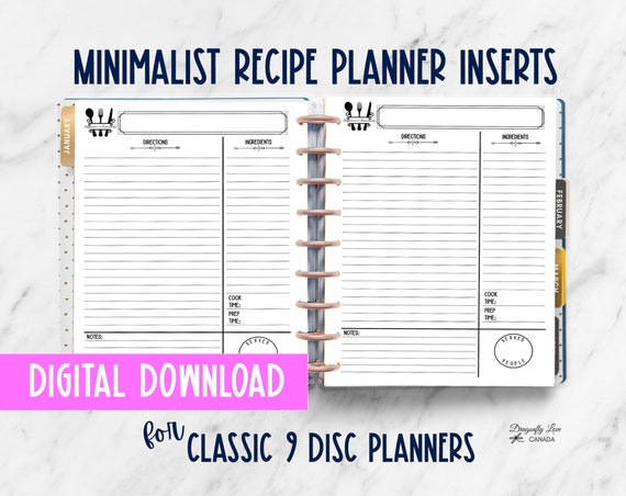 Recipe Planner Printable Minimalist Cookbook Inserts | Etsy