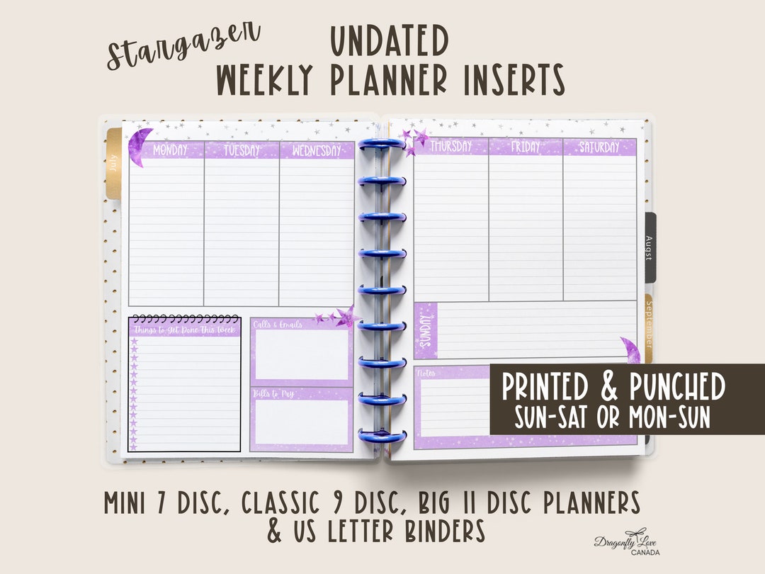Stargazer Weekly Planner Inserts – Undated, Discbound Pages for 7, 9 ...