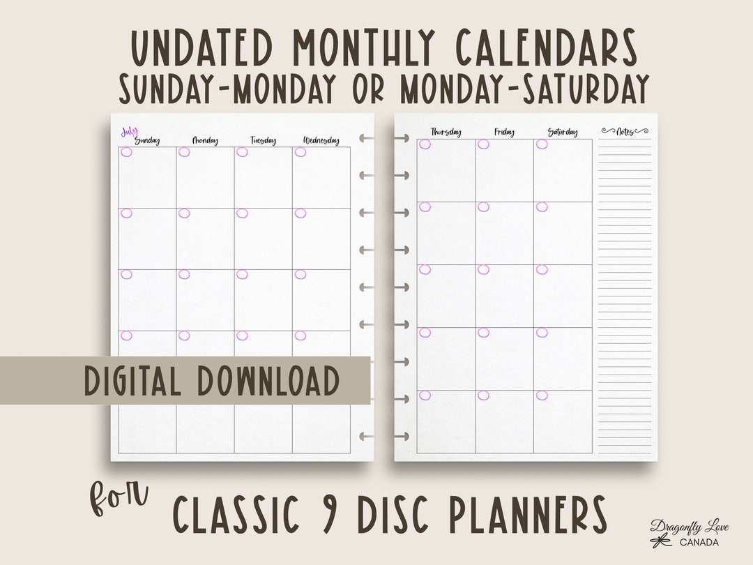 Undated Monthly Calendars for Classic 9 Disc Planners - Sunday-saturday ...
