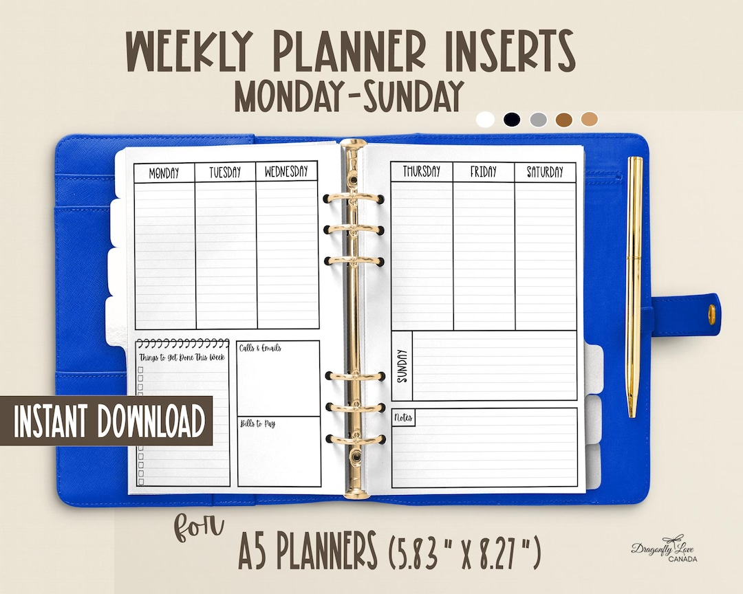 Monday-sunday Weekly Planner Inserts - Vertical Layout Agenda Pages ...
