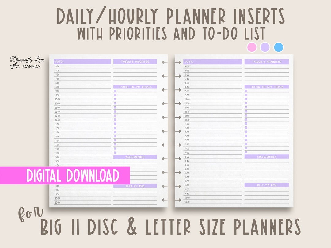 Daily Hourly Planner Inserts for Big 11 Disc Planners - Letter Sized ...
