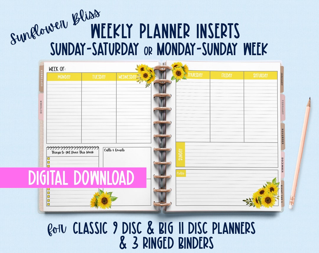 Weekly Planner Inserts - Sunflowers- Mon-sun or Sun-sat Vertical Pages ...