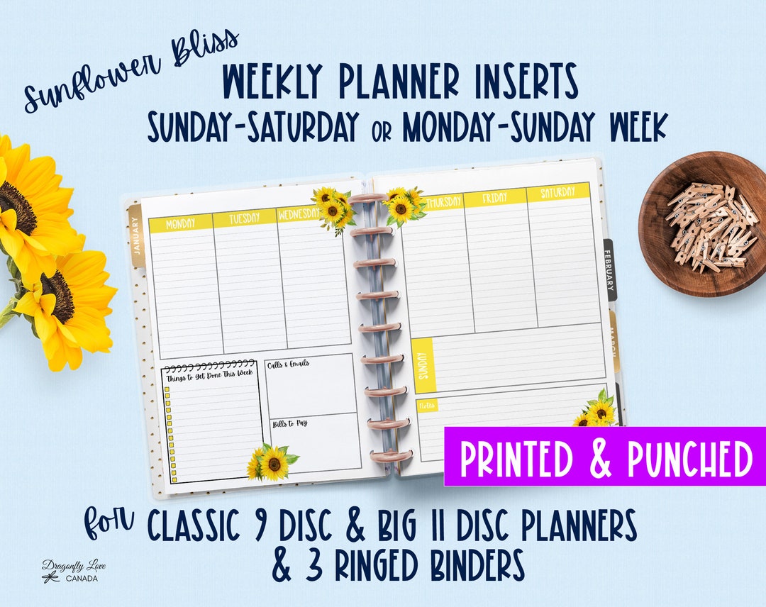 Undated Weekly Planner Inserts Sunflower Bliss Lined Vertical Planner ...