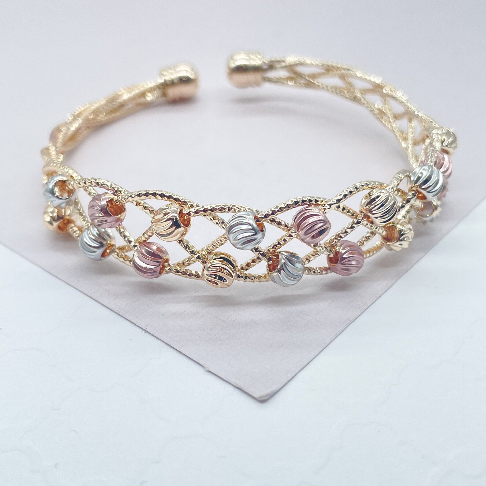 18k Gold Filled Tri-color Open Ended Braided Bangles With Beads - Etsy