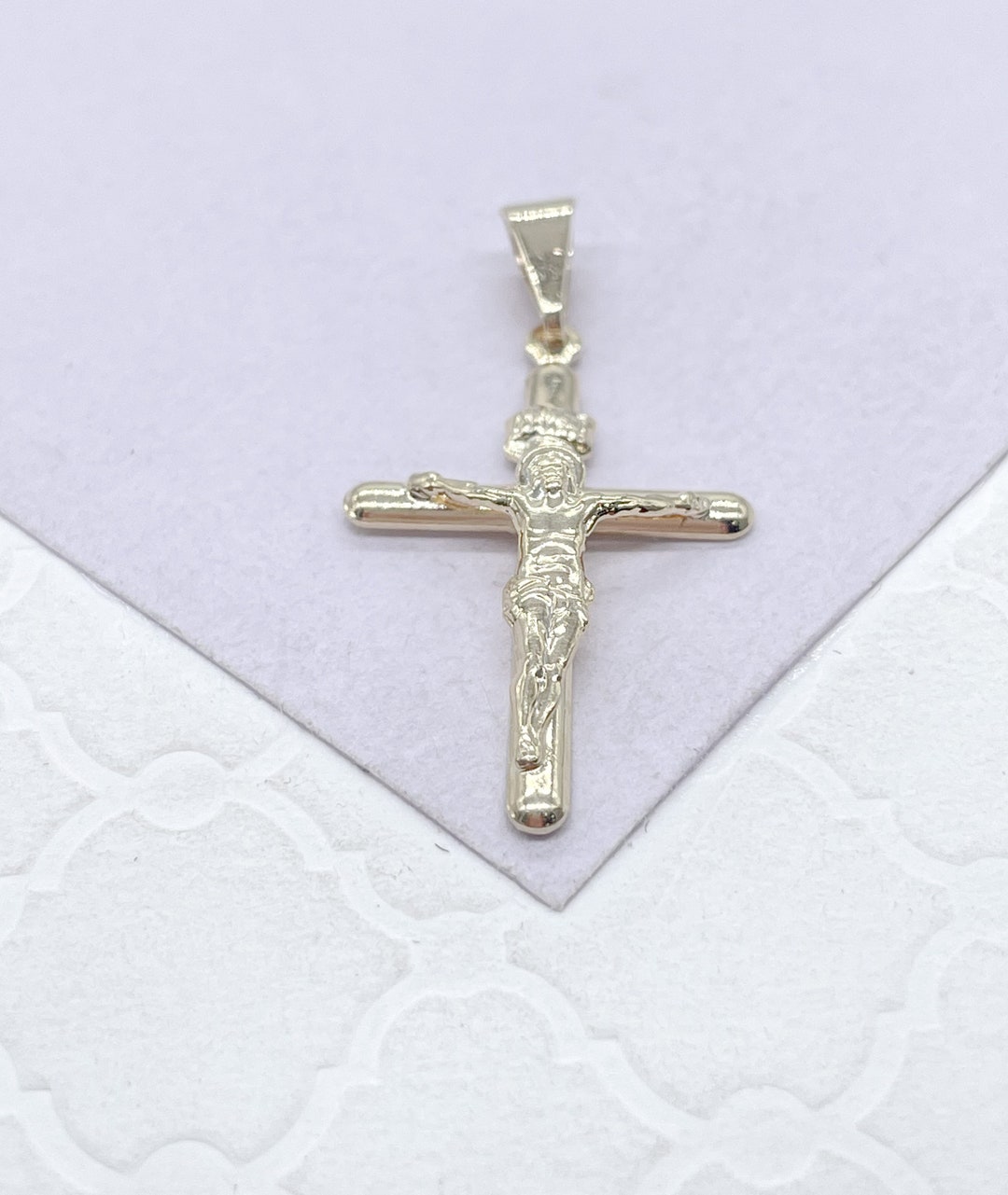 18k Gold Filled Smooth Crucifix With Elevated Engraved Jesus, Religious ...