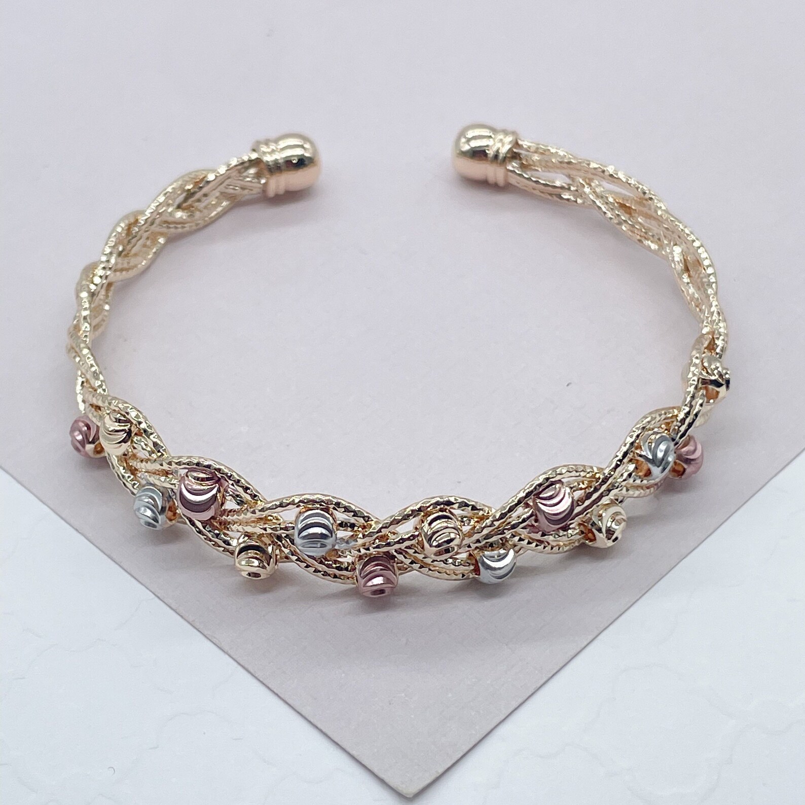 18k Gold Filled Tri-color Open Ended Braided Bangles With Beads - Etsy