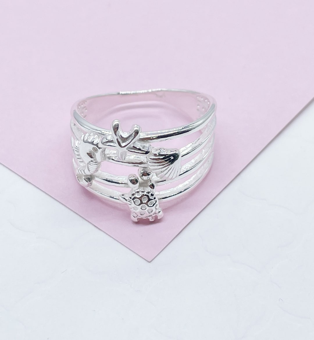 925 Sterling Silver Ocean Themed Ring With Stamped Seahorse, Turtle ...
