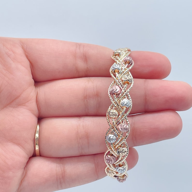 18k Gold Filled Tri-color Open Ended Braided Bangles With Beads - Etsy