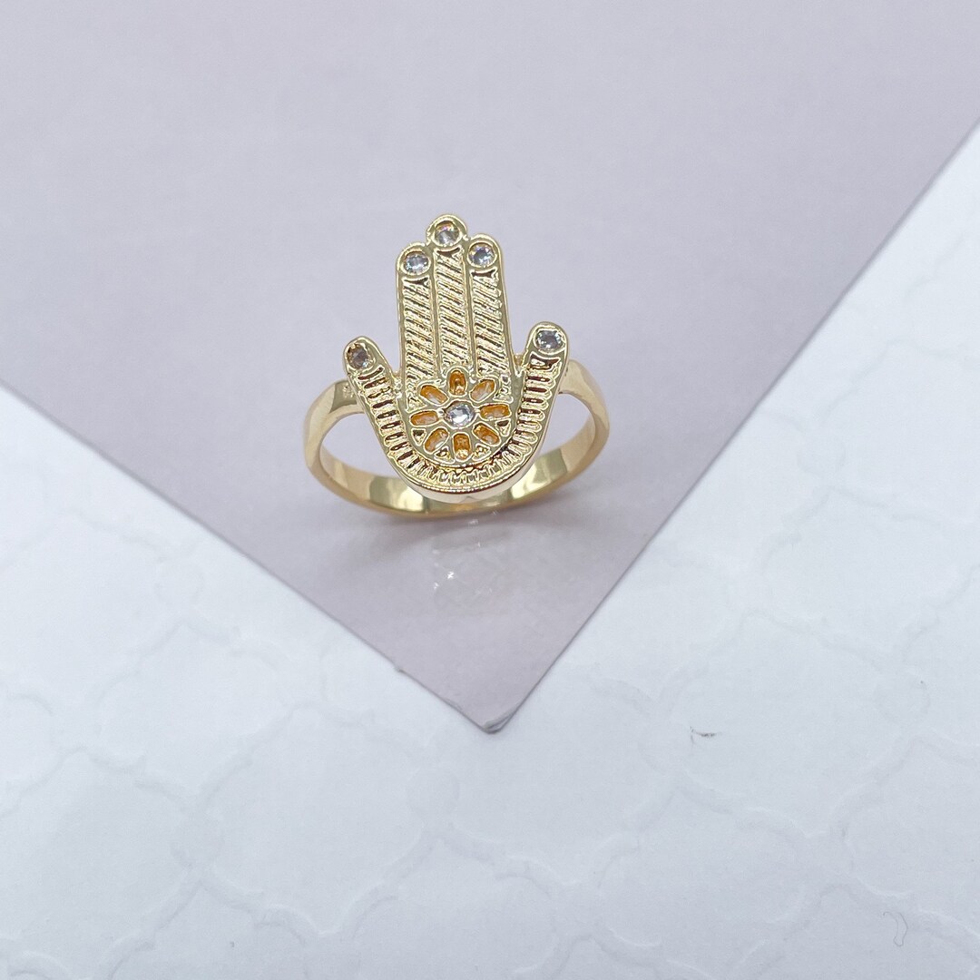 18k Gold Filled Hamsa Ring With a Daisy Flower and Micro Pave Zirconia ...