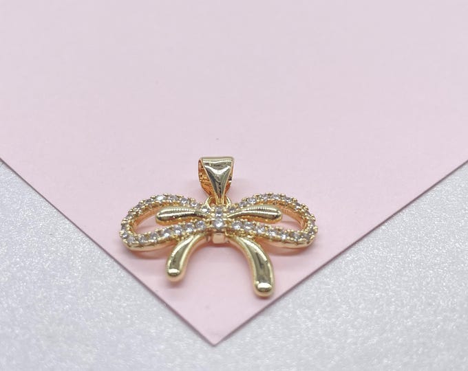 18k Gold Filled Dainty CZ Bow Pendant Charm - Etsy