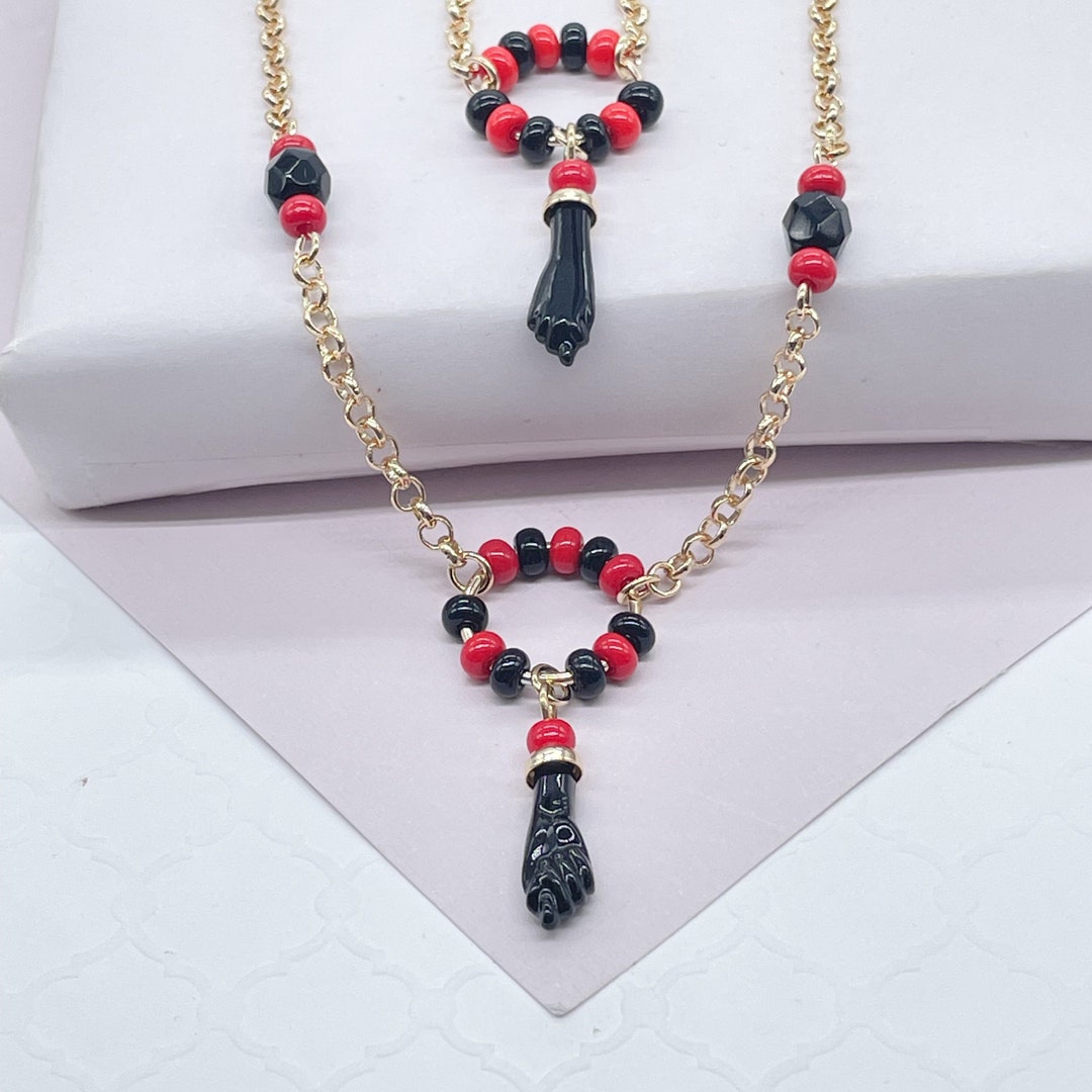 18k Gold Filled Azabache Hand Set With Red and Black Beads - Etsy