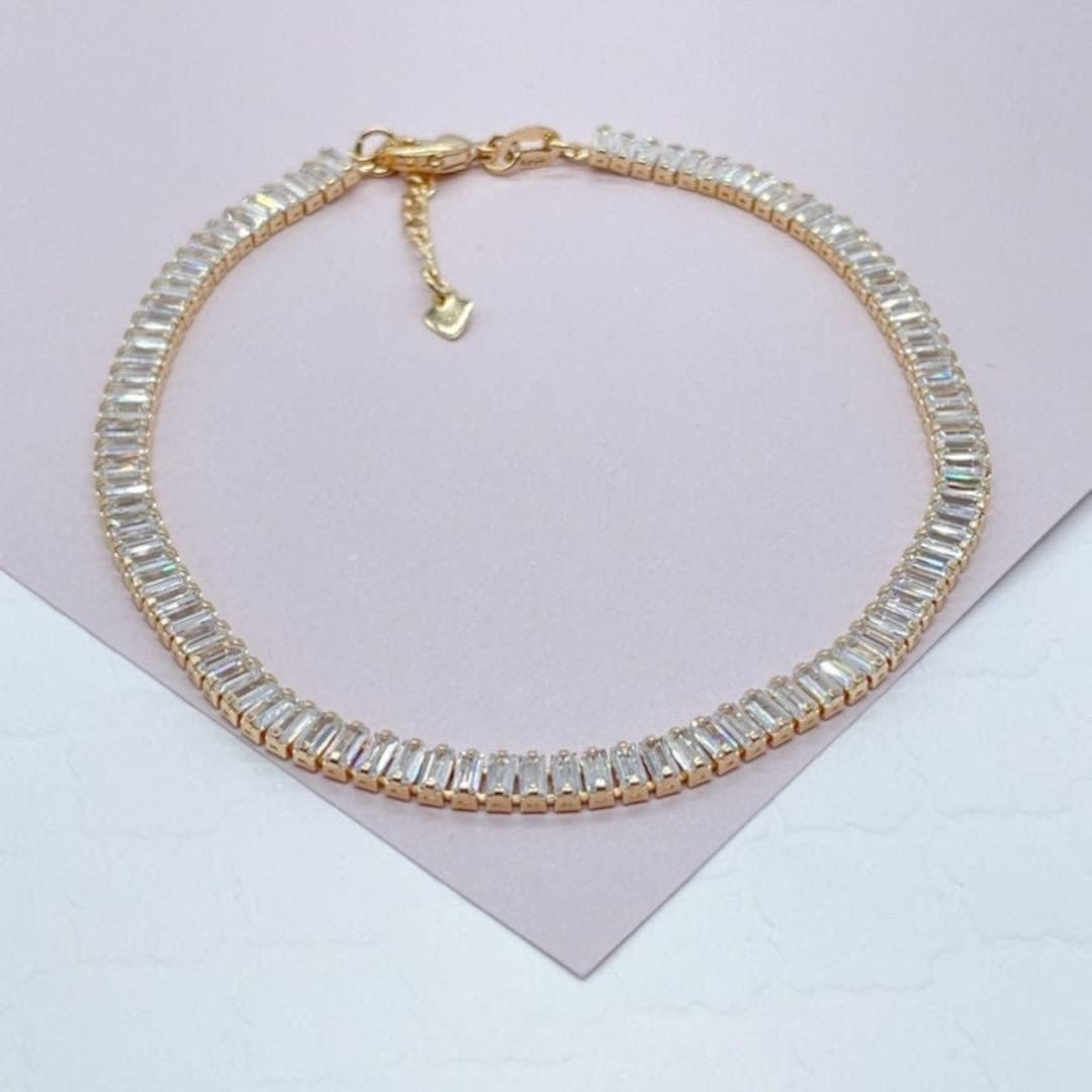 18k Gold Filled Baguette Strand Anklet Featuring Clear Cubic Zirconia ...