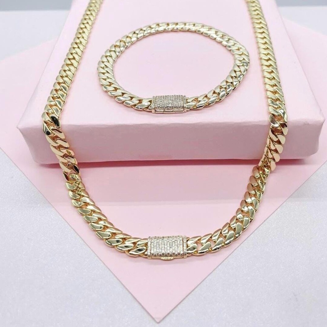 14k Gold Filled 6mm Monaco Link Necklace Chain & Bracelet With CZ Pave ...