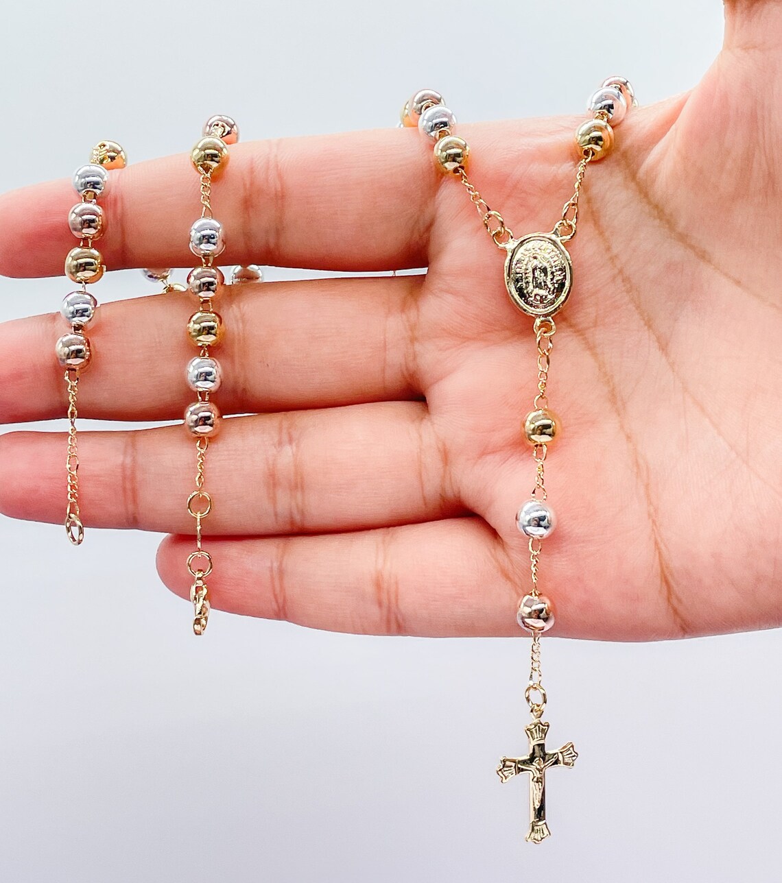 18k Gold Filled Tri-colored Rosary With Virgin Mary Medal and Crucifix ...