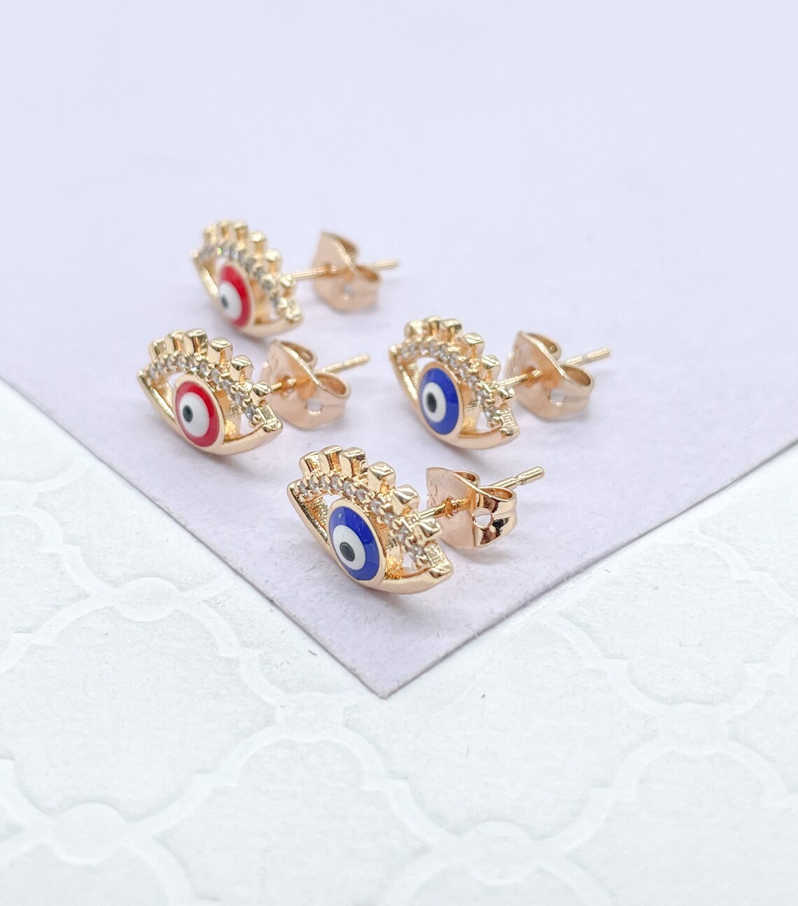18k Gold Filled Evil Eye Studs Crowned With Stones and Mini Lashes - Etsy