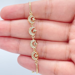 18k Gold Filled Moon and Star Adjustable Bracelet Featuring Cubic ...