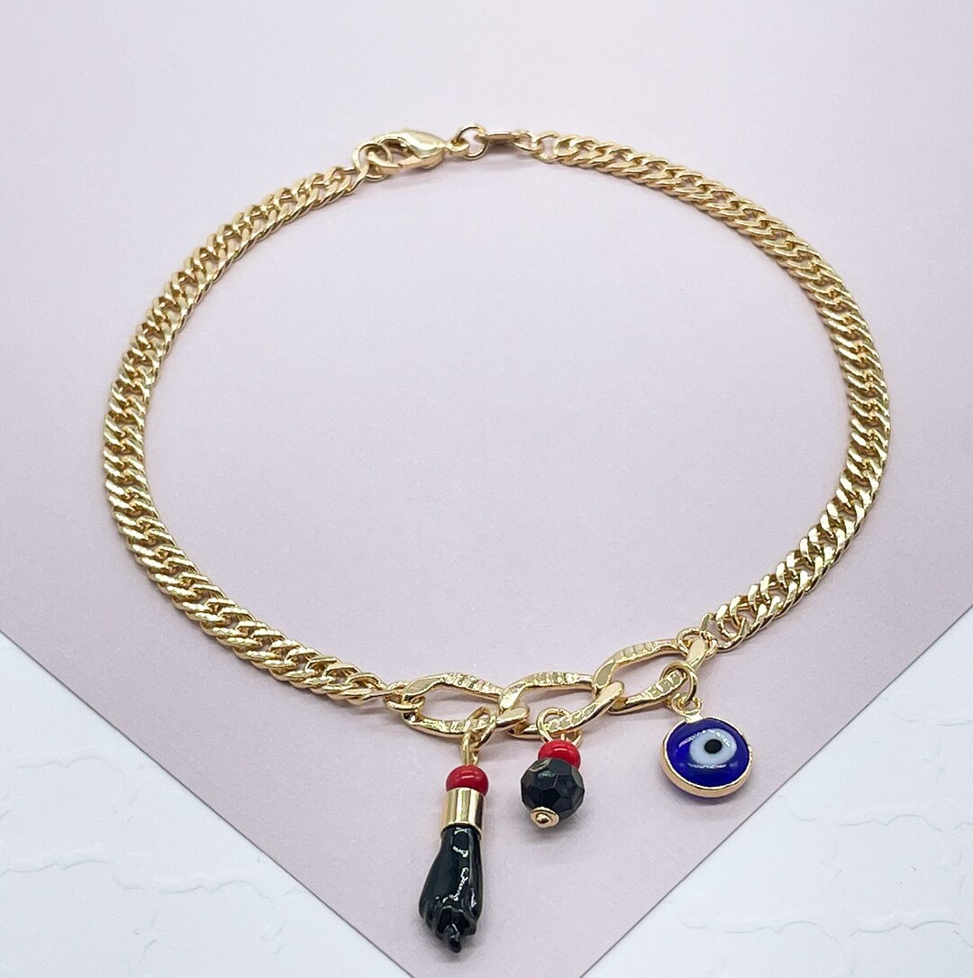 18k Gold Filled Cuban Link Anklet: Evil Eye & Figa Charms - Etsy