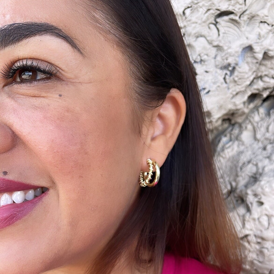 18k Gold Filled Double Link Smooth and Twisted Pushback Open Hoop ...