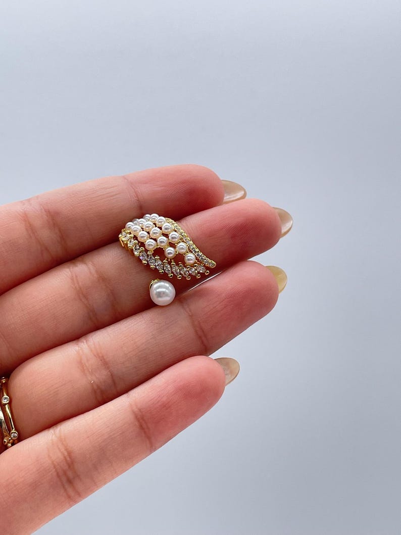 Adjustable 18k Gold Filled Leaf Shape Mini Pearl Ring With Marquise CZ ...