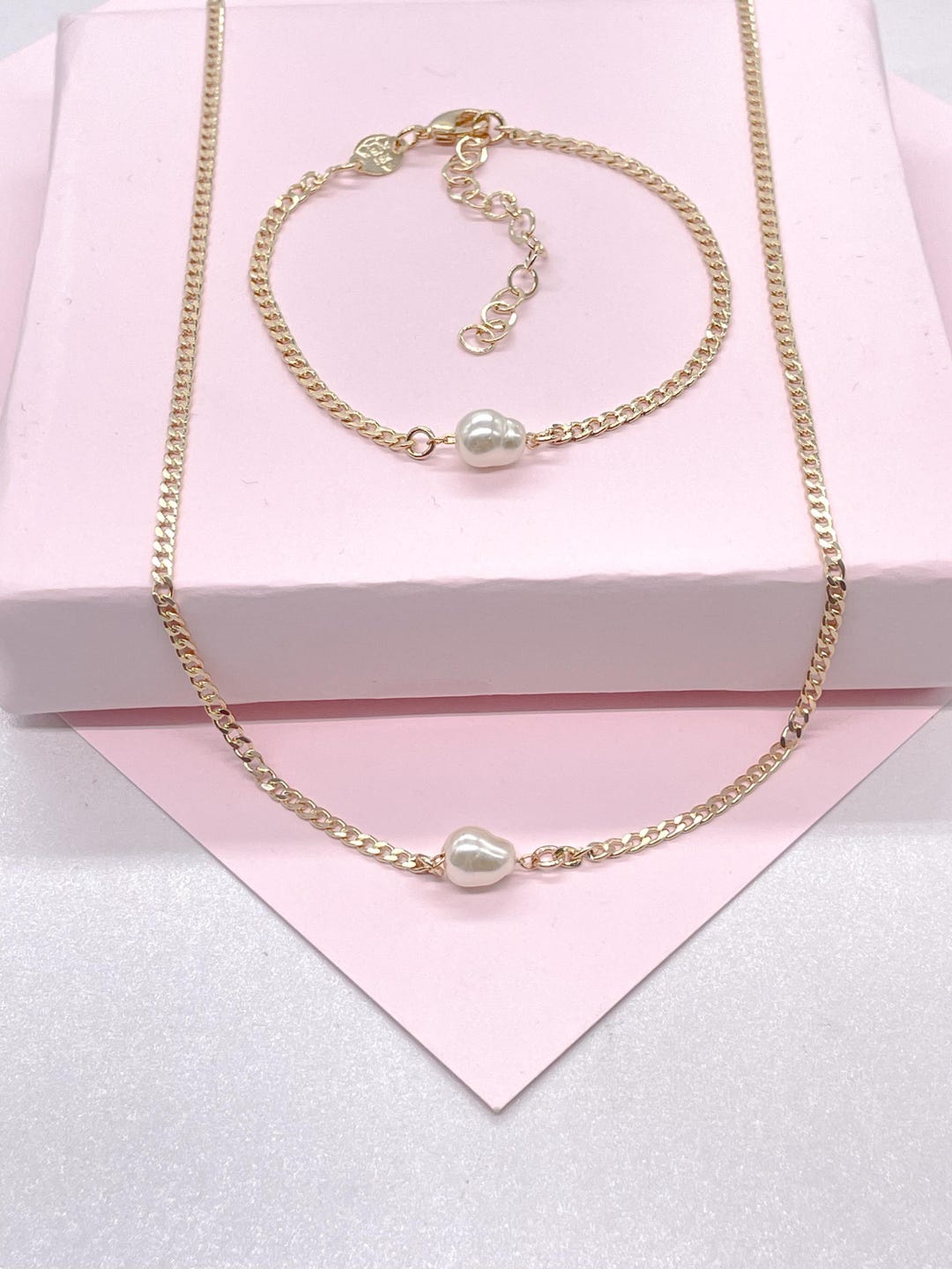 18k Gold Filled Cuban Link Chain With Synthetic Pearl Choker and ...