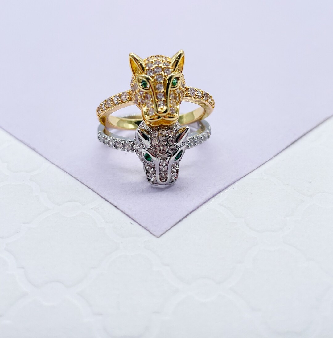 18k Gold Filled Zirconia Panther Ring With Emerald Colored Eyes - Etsy