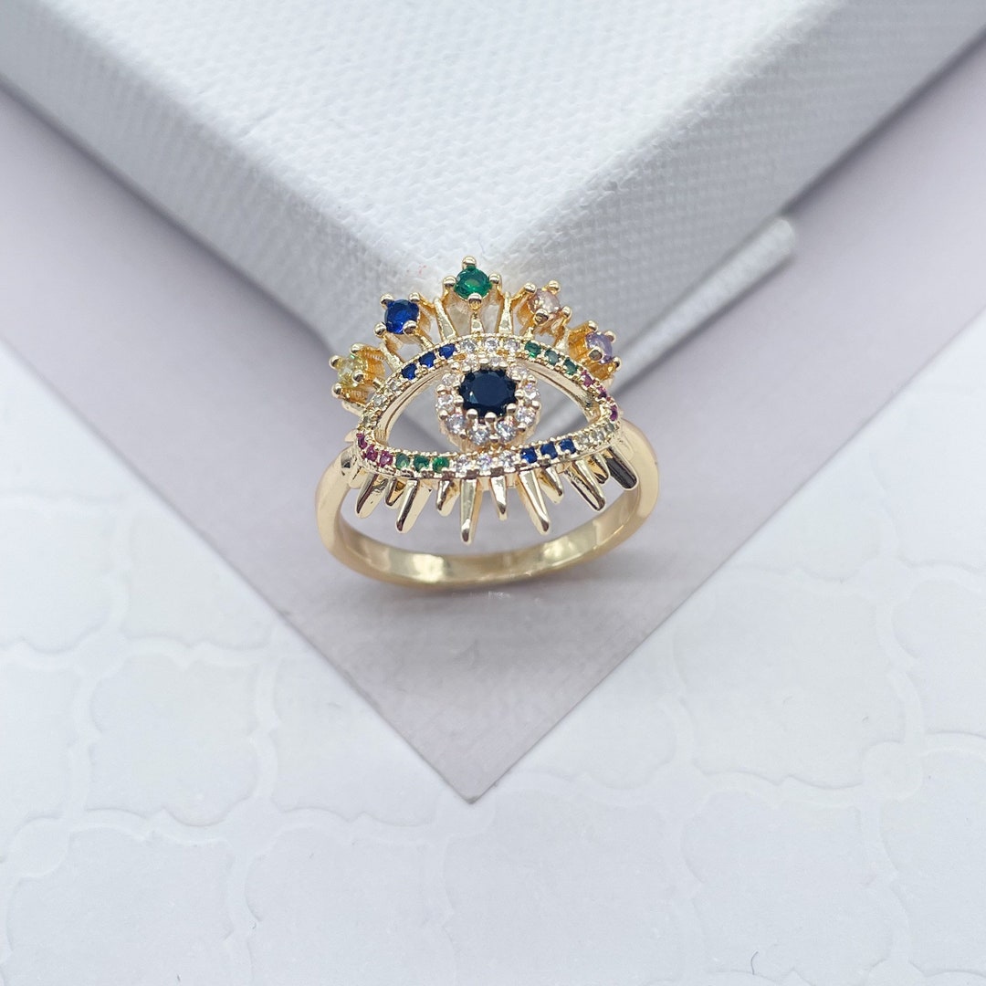 18k Gold Filled Evil Eye Ring Crowned Featuring Multi Color Zirconia ...