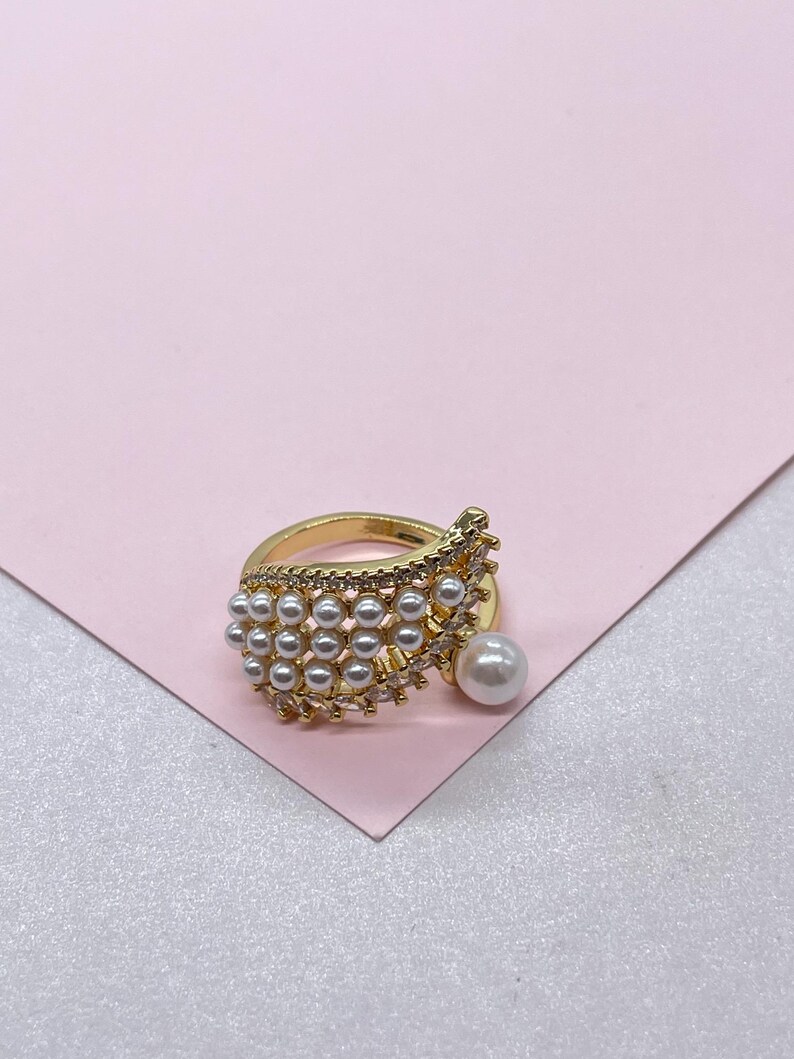 Adjustable 18k Gold Filled Leaf Shape Mini Pearl Ring With Marquise CZ ...