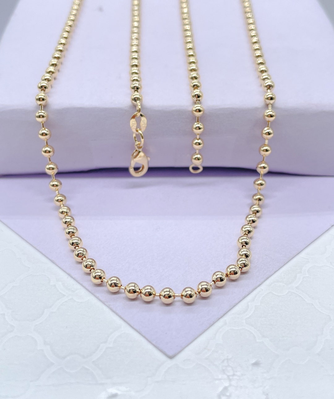 18k Gold Filled 3mm Gold Beaded Chain Extra Long Chain 28 Inch ...