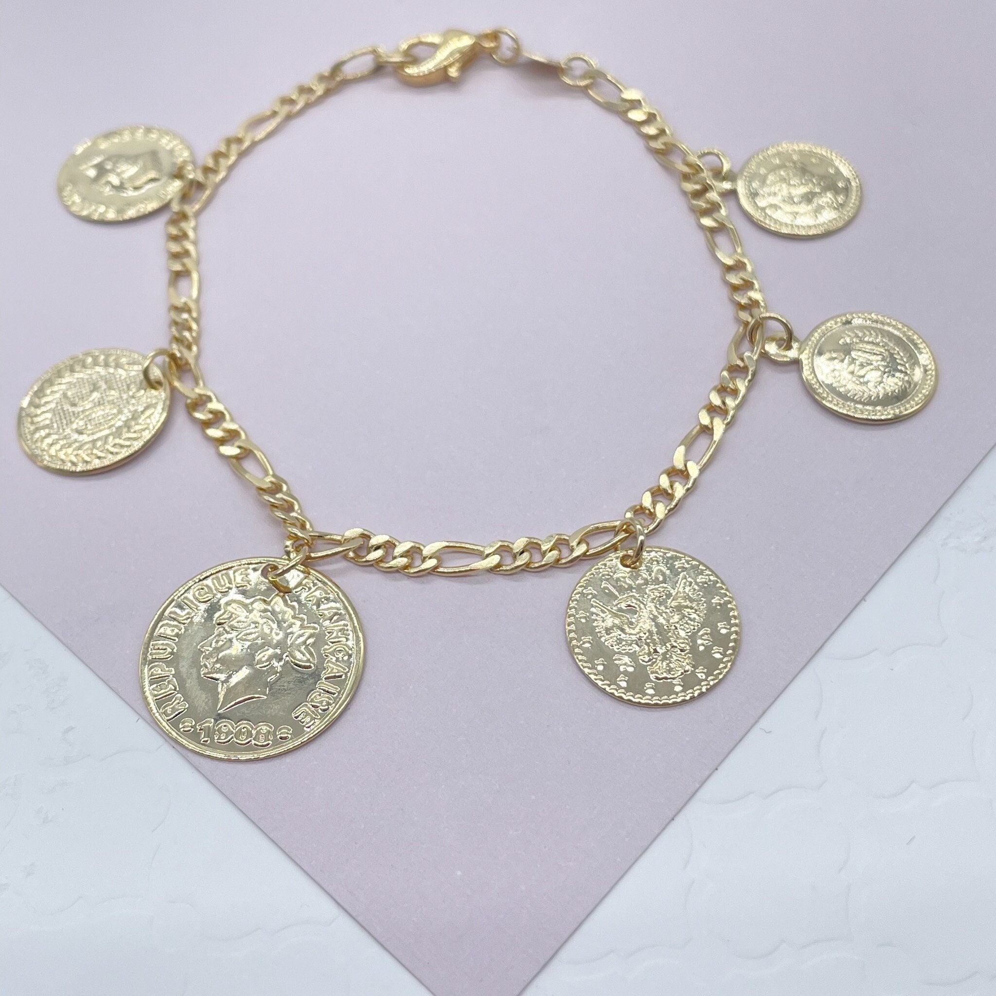 18k Gold Filled Coin Charm Bracelet: Figaro Link Medallion Pendants - Etsy